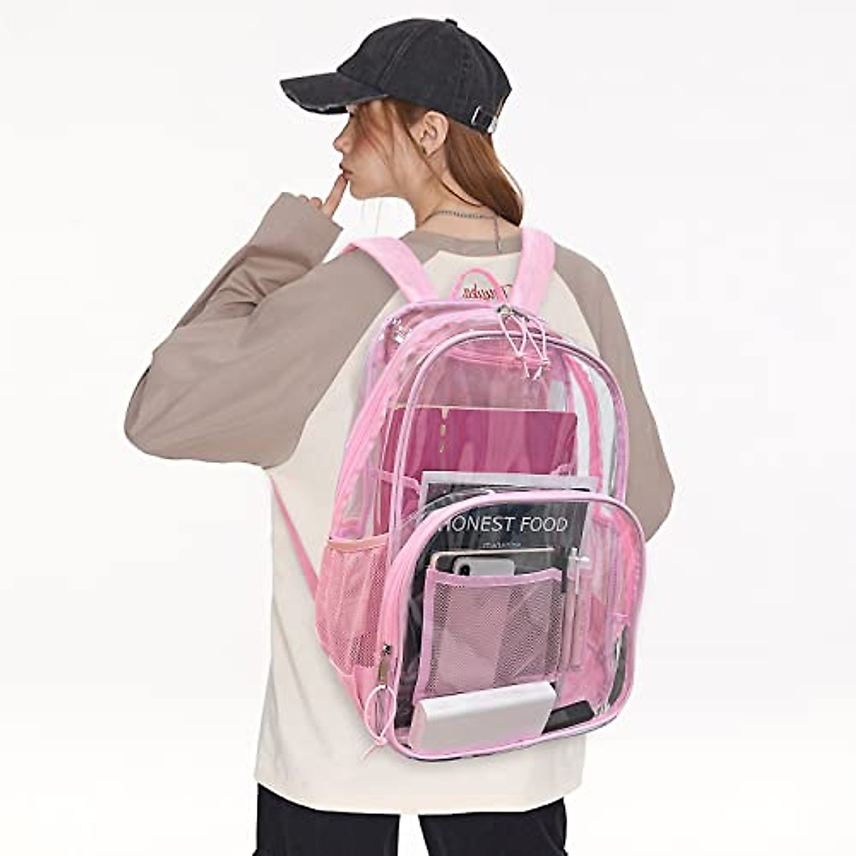 MIRLEWAIY Lightweight durable See Through Book Bag Stadium Approved Schoolbag Heavy Duty Mesh school Backpack with Inner Compartment, Pink