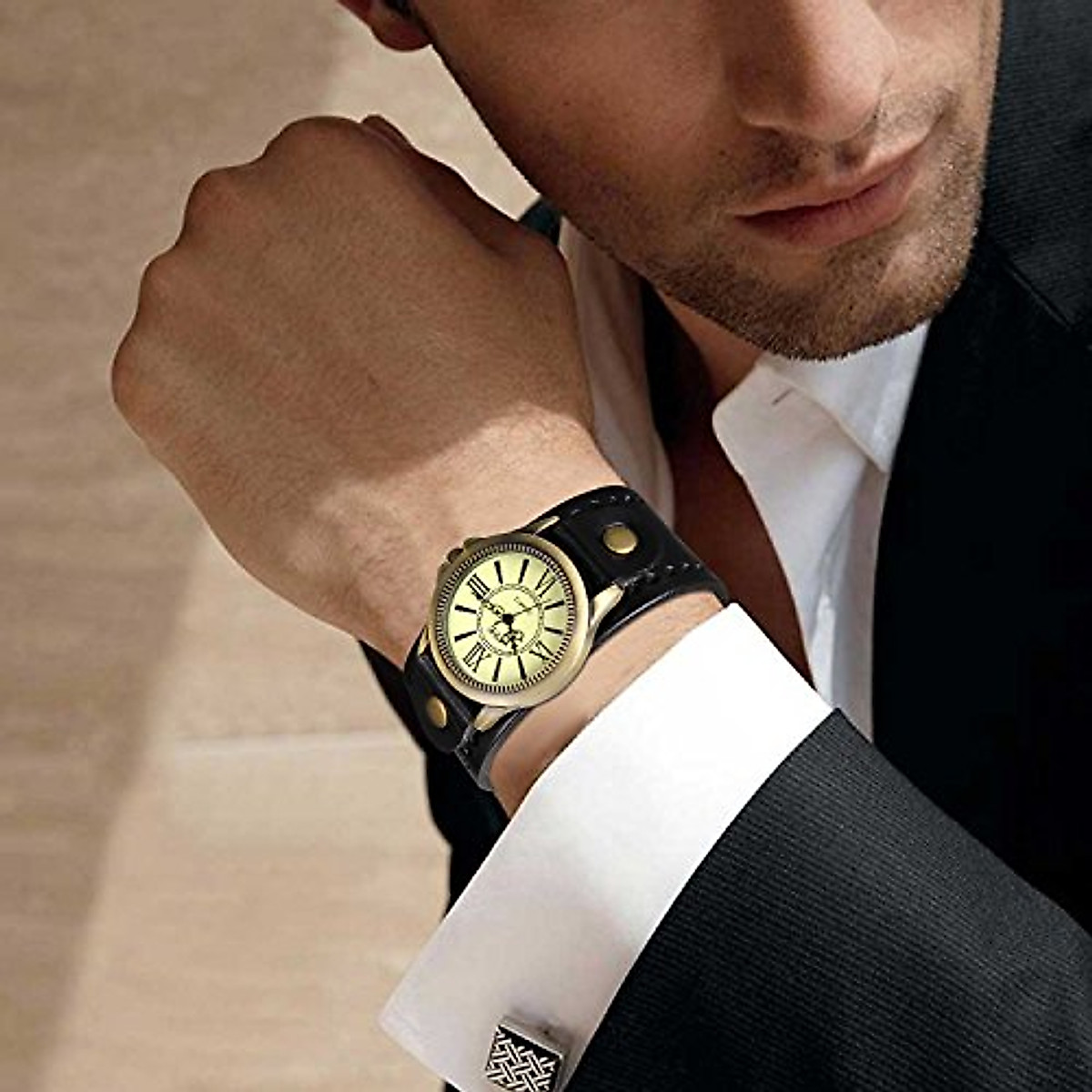 Avaner Unisex Punk Retro Bronze Round Dial Black Wide Leather Belt Strap Cuff Bracelet Roman Numerals Analog Quartz Wrist Watches