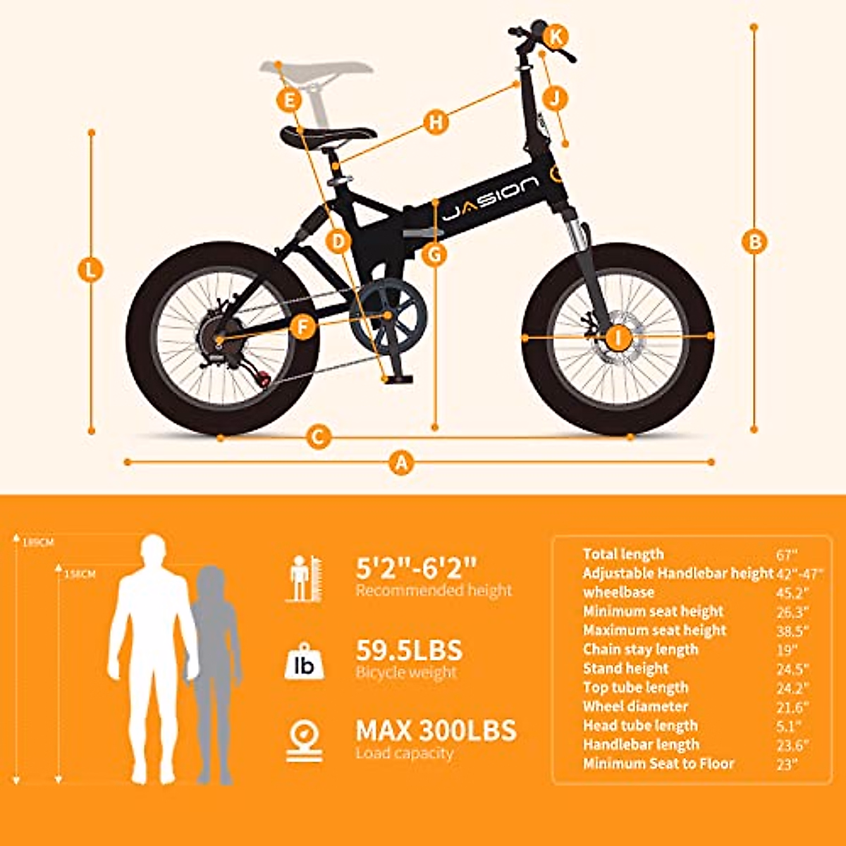 Jasion EB7 2.0 Electric Bike for Adults, 500W Motor 20MPH Max Speed, 48V 10AH Battery, 20" Fat Tire Foldable Electric Bicycle with Dual Shock Absorber, 7-Speed EBikes Black Front Rear Basket