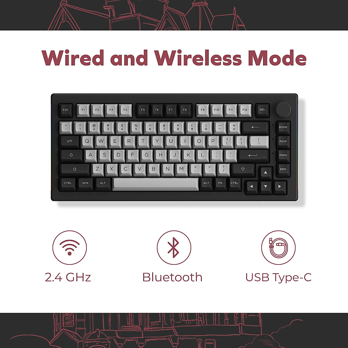 Akko Dracula Castle 5075B Plus Wireless Gaming Keyboard | LED RGB Wireless Keyboard with PBT Keycaps | 2.4 Ghz Bluetooth Keyboard | USB-C Wired Mechanical Keyboard | Gaming PC Accessories