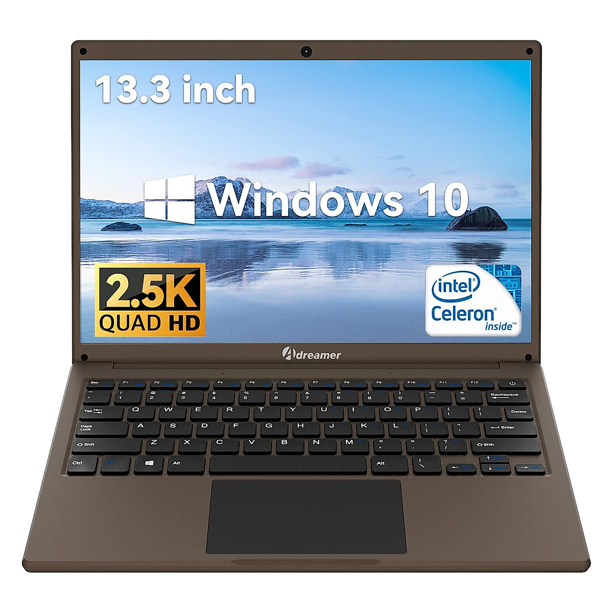A DREAMER Laptop Computer 13.3 inch 2.5K QHD IPS 16:10 Screen, Windows 10 Laptop Intel N4020 SSD Replaceable Portable Traditional Laptop, Brown PC (6G+256GB)