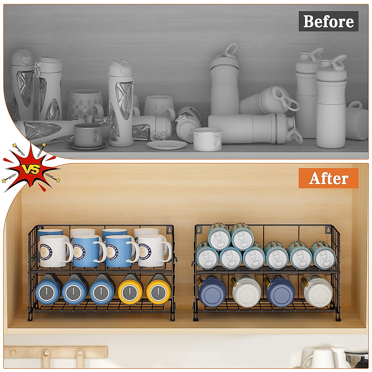 X-cosrack Adjustable Water Bottle Organizer,4-Tier Wall-Mounted Water Bottle Holder, Stackable Water Bottle Storage Rack for Kitchen Countertops,Pantry, Cabinet,Large(Patent No.:US D950,280 S)