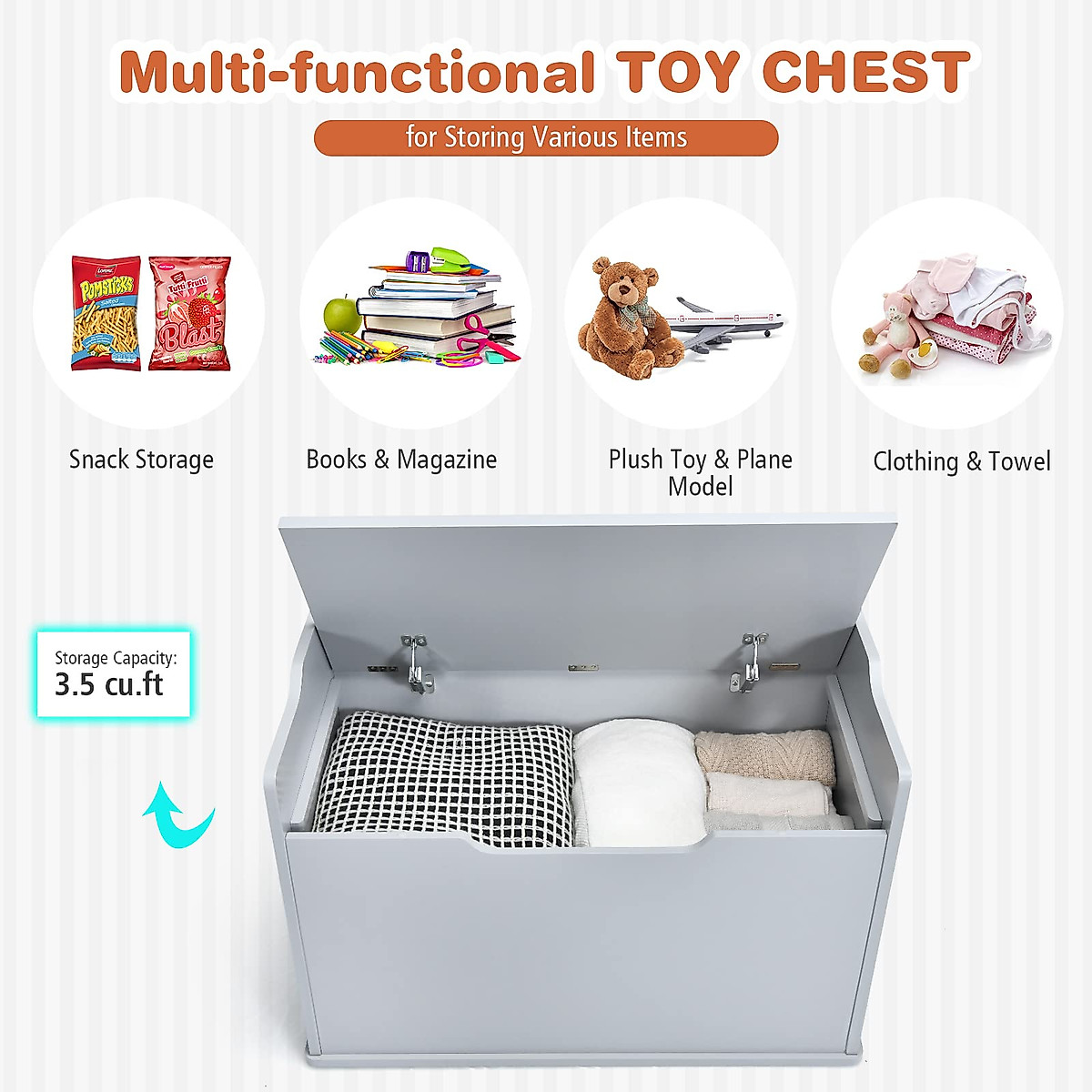 Costzon Kids Wooden Toy Chest, Wide Toy Box Storage Chest with Bench Seat, Toy Storage Trunk Case with Finger-Pinch Prevention, Lift-Top Foot Rest Seat for Toddler Bedroom Playroom Entry (Grey)