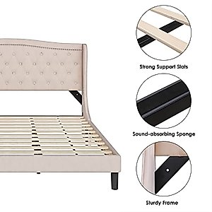 HOSTACK Full Size Bed Frame, Modern Upholstered Platform Bed with Wingback Headboard, Heavy Duty Button Tufted Bed Frame with Wood Slat Support, Easy Assembly, No Box Spring Needed(Beige, Full)