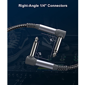 Elebase Guitar Pedal Patch Cables 6-Pack, 6 Inch 6.35MM Effects Pedal Board Cord 1/4'' Right-Angle Braided Flat Audio Cable Shielded TS Copper Male Connector for Microphone Amp/Amplifier Mixer