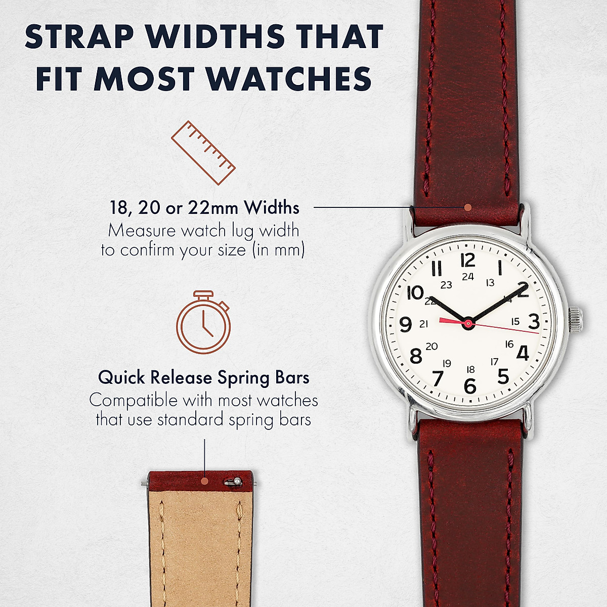 Benchmark 20mm Oxblood Red Leather Watch Band - Quick Release Crazy Horse Leather Watch Strap - 20mm Leather Watch Band (20mm, Oxblood)