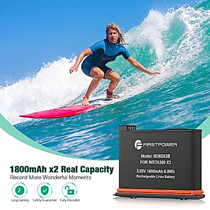 FirstPower Replacement Insta360 X3 Battery 1800mAh 2-Pack and Dual Slot USB Fast Charger Hub Compatible with Insta360 X3 Action Camera