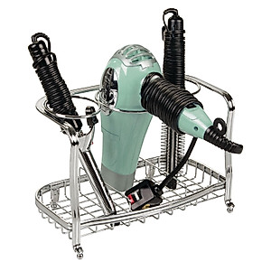 mDesign Steel Bathroom Countertop Hair Tool Storage Organizer Accessory Basket Tray, Vanity Table Holder for Hair Dryer, Straightener, Curling Iron, Styling Products, Hyde Collection - Chrome