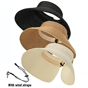 Women Sun Visor Fordable Wide Brim Summer Straw Hat Roll up Adjustable Beach Hat with Bowtie