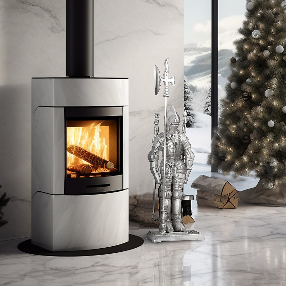 Lizh Middle Ages Knight Cast Iron Fireplace Tool Set ,Antique Brass