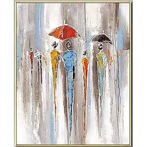 Abstract People in The Rain with Umbrellas Hand Painted Oil Painting On Canvas Abstract Wall for Living Room,31inx47in,No Frame