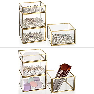 Hipiwe 4-Tiered Gold Glass Jewelry Box Stackable Trinket Organizer Decorative Glass Box Q-tip Holder Cotton Ball and Swab Storage Holder for Bathroom Dresser Office Countertop