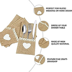 KAISIDA 10 Pcs Burlap Lace Utensil Cutlery Holders Cutlery Pouch Knifes Forks Bag for Vintage Natural Wedding Bridal Shower Tableware Christmas Party (4x8inch, Heart)