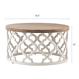 Clredg Round Farmhouse Coffee Table, Wood Grain Top Table with Curved Motif Frame Base for Rustic, Boho, Rustic, French Country Decor, Traditional White