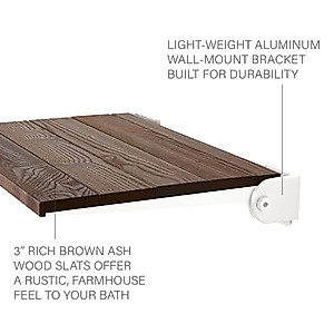 Seachrome 18 inch Silhouette Slimline Folding Wall Mount Shower Bench Seat, Natural Ash Wood Thermacor Seat with White Frame