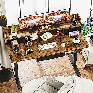Homall Electric Standing Desk with Triple Drawers, Adjustable Height Stand Up Desk, 55 x 24 Inch Table with Storage Shelf, Sit Stand Home Office Desk with Splice Board (Rustic Brown)