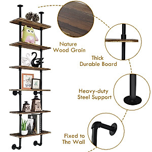 Liviza 6-Tier Pipe Wall Mounted Shelf, Rustic Vintage Industrial Bookcase, Wood Storage Bookshelf for Living Room, Apartment, Small Space