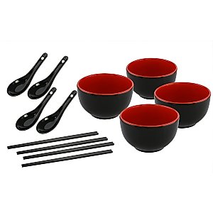 KOVOT Asian Cuisine Ceramic Serving Bowl Set - Includes (4) 20-Ounce Bowls, (4) Oriental Spoons, (4) Sets Of Chopsticks