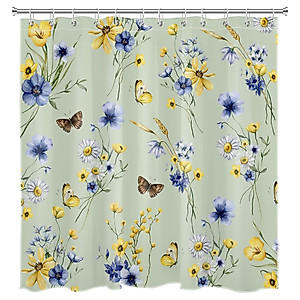 EOBTAIN Blue and Yellow Floral Shower Curtain for Bathroom Wildflower Botanical with Butterfly on Sage Green Shower Curtain with 12 Hooks Nature Plant Bathroom Curtains Shower Set 72x72 Inch