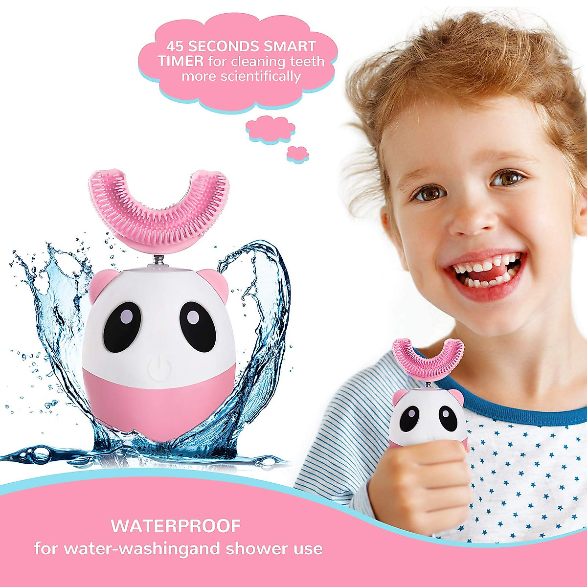 2 Pieces Kids U Shaped Electric Toothbrush, Ultrasonic Automatic Whitening Massage Toothbrush U-Type Cartoon Modeling Toothbrush with 4 Brush Heads for Sensitive Teeth Child 2-7 (Panda Style)