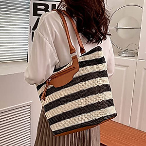 JQWSVE Straw Beach Bags Tote Stripe Bag Large Handwoven Straw Shoulder Bag Purse Boho Straw Handle Tote Retro Summer Handbag