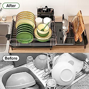 Fixwal Large Dish Drying Rack, Dish Rack for Kitchen Counter, Expandable Stainless Steel Dish Drainers, Kitchen Gadgets with Utensil Holder & Drainboard for Various Kitchenware