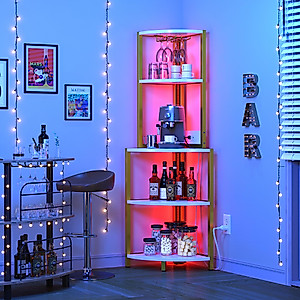 YITAHOME Corner Shelf with Power Outlets & LED Lights & Glass Holder, 5 Tier Corner Bar Rack, Corner Storage Cabinet Display Shelves for Living Room, Dining Room, Kitchen, Gold