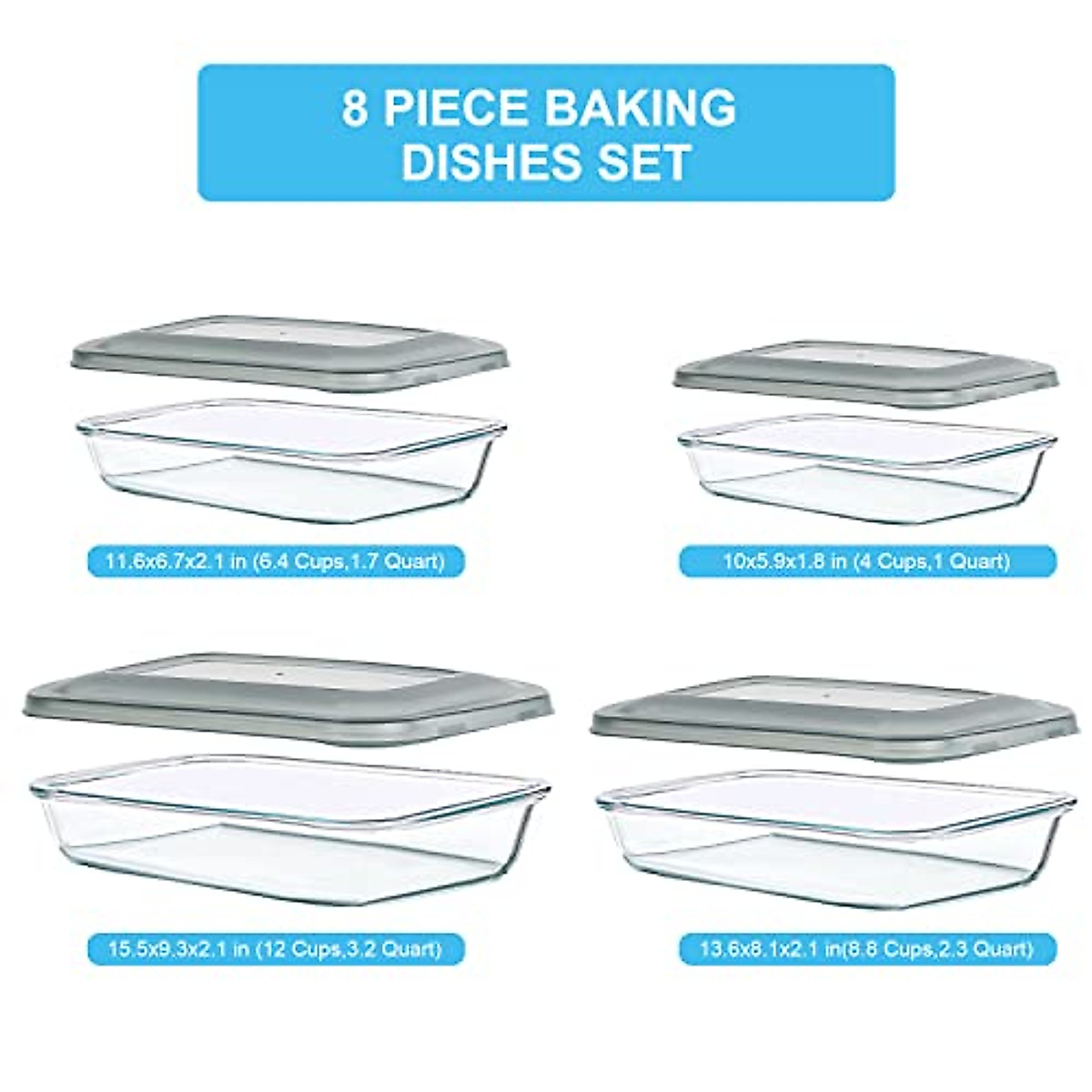 KOMUEE 8 Pieces Glass Baking Dish with Lids Rectangular Glass Baking Pan Bakeware Set with BPA Free Lids, Baking Pans for Lasagna, Leftovers, Cooking, Kitchen, Fridge-to-Oven, Gray
