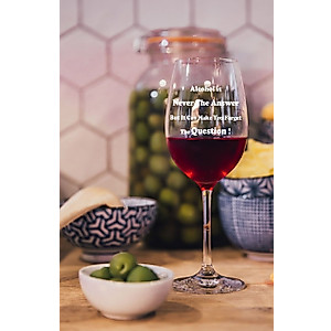 Vaci Funny Wine Glass with 2 Drink Coasters | Dishwasher Safe 15 Oz. Crystal Glass | Alcohol is Never The Answer | Fun Novelty Gift | Great for Bachelor's Parties, Birthdays, Restaurants, Bars & More