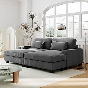 Tmsan 90.6" Modular Sectional Sofa, Corduroy Cloud Loveseat Sofa Sleeper Couch Bed, Comfy Deep Seat Double Chaise Couch Set with 2 Ottomans & 2 Pillows for Living Room Apartment Office