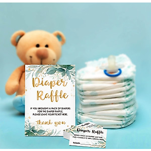 Diaper Raffle Baby Shower Game Set(1 Standing Sign + 50 Guessing Cards), Greenery Diaper Raffle Tickets for Baby Shower, Gold Foil Baby Shower Party Favor Decor - A05