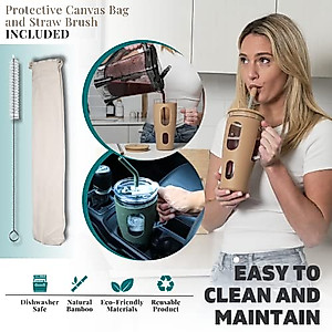 MAISON CLARA Glass Tumbler with Straw and Lid - 40oz Reusable Tumbler with Handle, Time Marker, Silicone Protective Sleeve-Two Straws & Two Lids (AMBER)