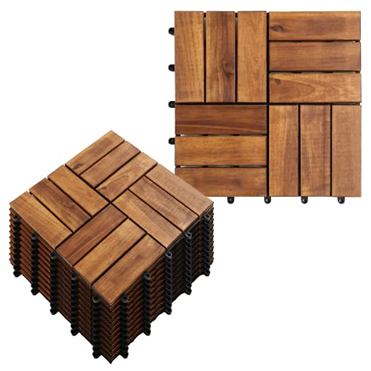 Acacia Wood Interlocking Deck Tiles for Outdoor/Indoor - (Pack of 10) 12"x12" All Weather Balcony Flooring - Snap Click Together Patio Tiles - Portable Waterproof Dance Floor Covering, Outside Walkway