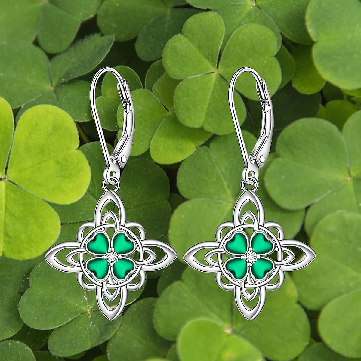 Shamrock Earrings for Women St Patrick’s Day Earrings Sterling Silver Celtic Knot Lucky Four Leaf Clover Green Emerald Irish Celtic Gifts