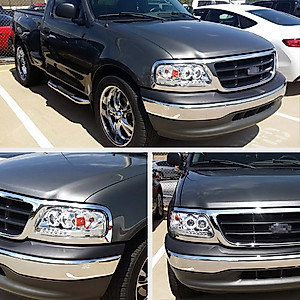 [For 1997-2003 Ford F150 Pickup Truck] LED Halo Ring Chrome Housing Projector Headlight Headlamp Assembly, Driver & Passenger Side