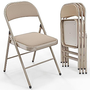 VINGLI Folding Chairs with Padded Seats, Metal Frame with Fabric Seat & Back, Capacity 350 lbs, Khaki, Set of 4
