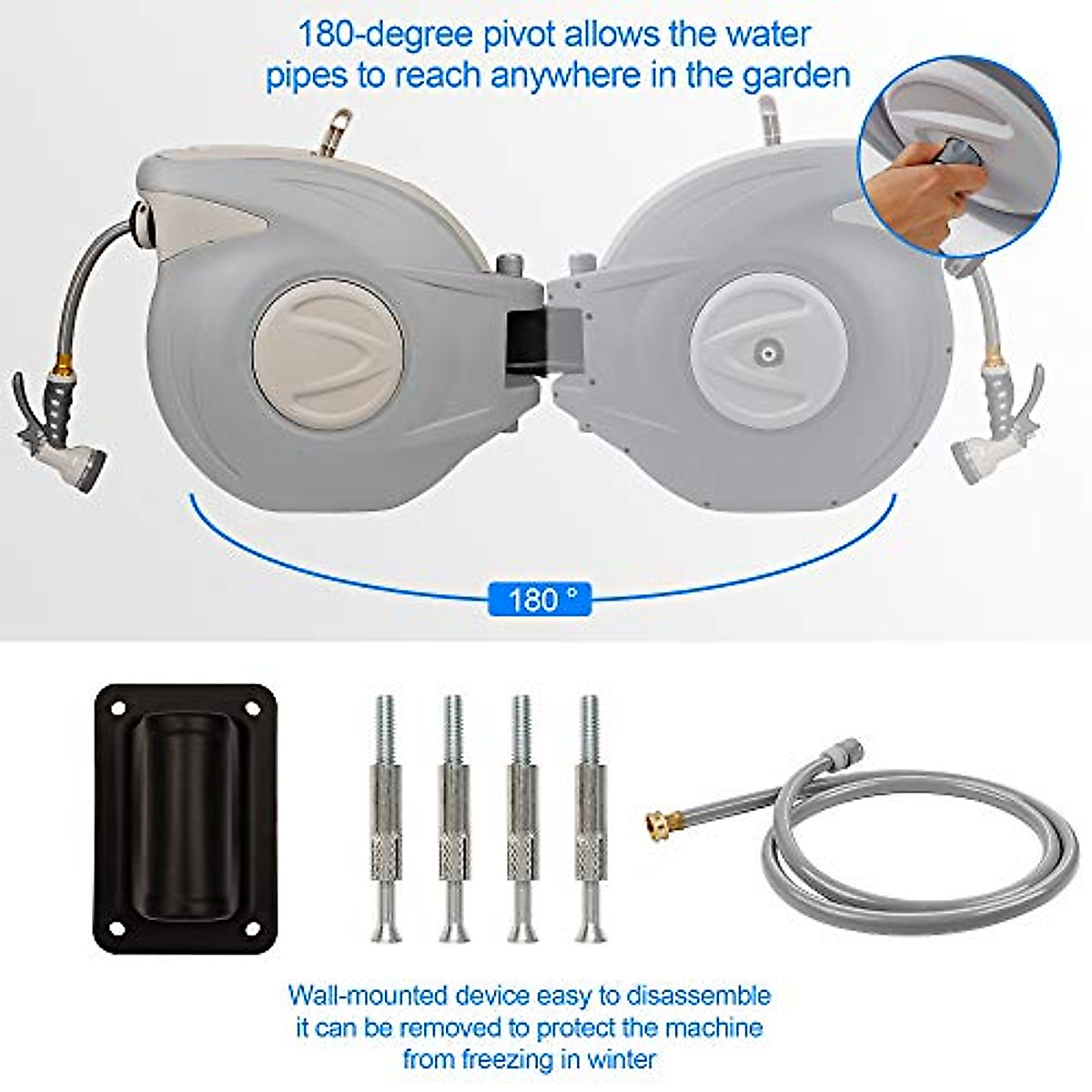 Twinkle Star Retractable Hose Reel, 65.6 FT+6.6 FT 5/8" Garden Hose Reel with 9 Pattern Nozzle, Heavy Duty Any Length Lock Slow Return System Auto Rewind, Wall Mounted 180 Degree Pivot Swivel Bracket