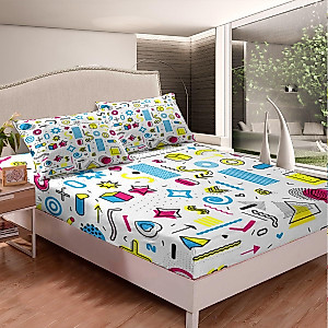 Erosebridal 80's Memphis Style Fitted Sheet Full Size Hipster Retro Bed Sheets 70s and 90s Hip Hop Funny Bed Set Math Themed Bedding Set Geometry Stripes Print Bedding Memphis Home Decor