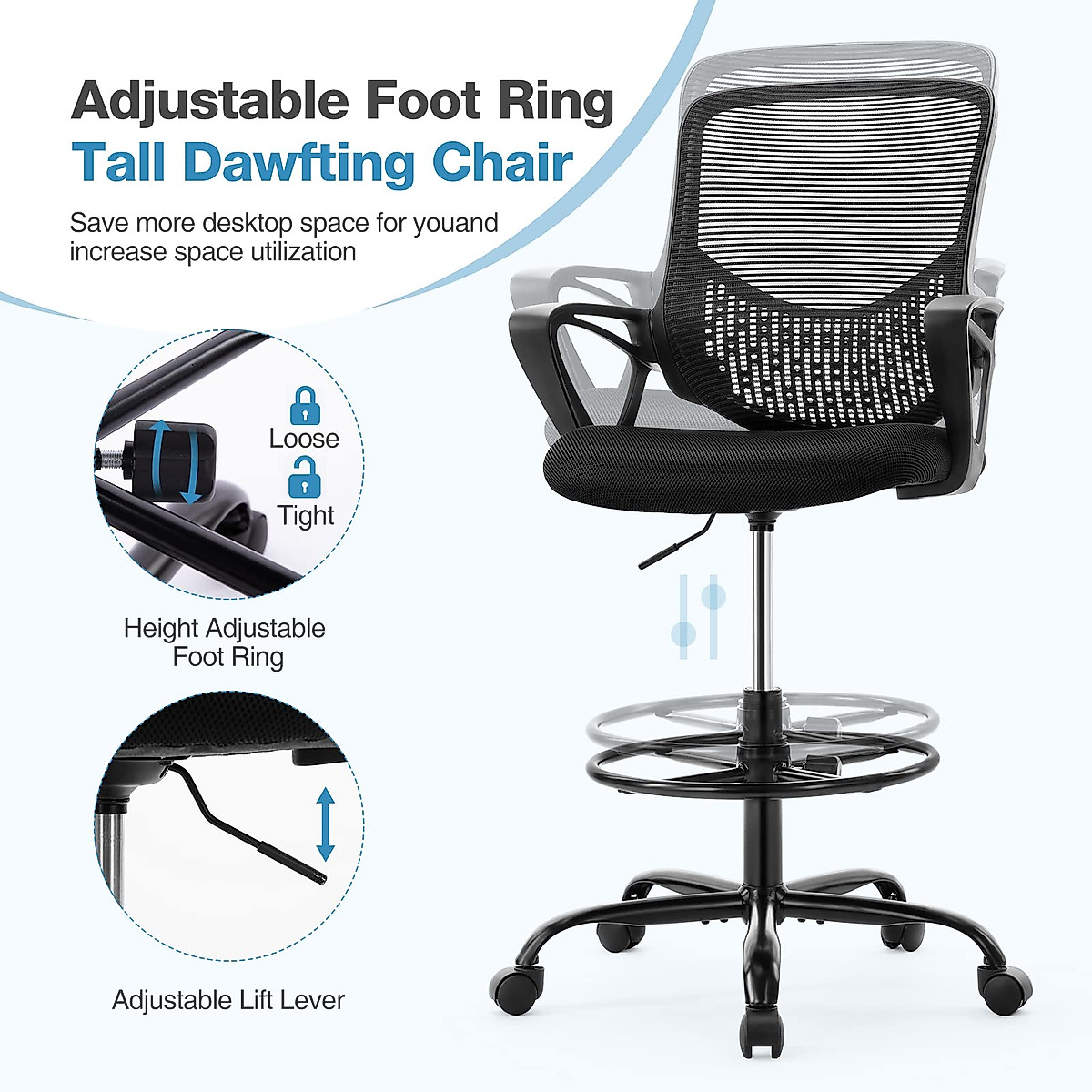 JHK Drafting Home Office Tall Computer Standing Desk Task Chair with Adjustable Foot Ring and Armrest, Breathable Mesh, Ergonomic Lumbar Support, 360° Swivel Rolling for Adult, Black