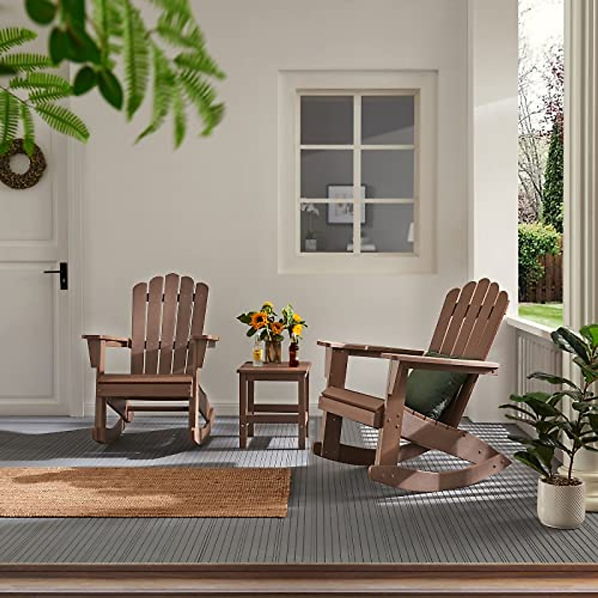 Psilvam Adirondack Patio Rocking Chair, Poly Lumber Porch Rocker with High Back, 350Lbs Support Rocking Chairs for Both Outdoor and Indoor, Poly Rocker Chair Looks Like Real Wood Set of 2（Brown）