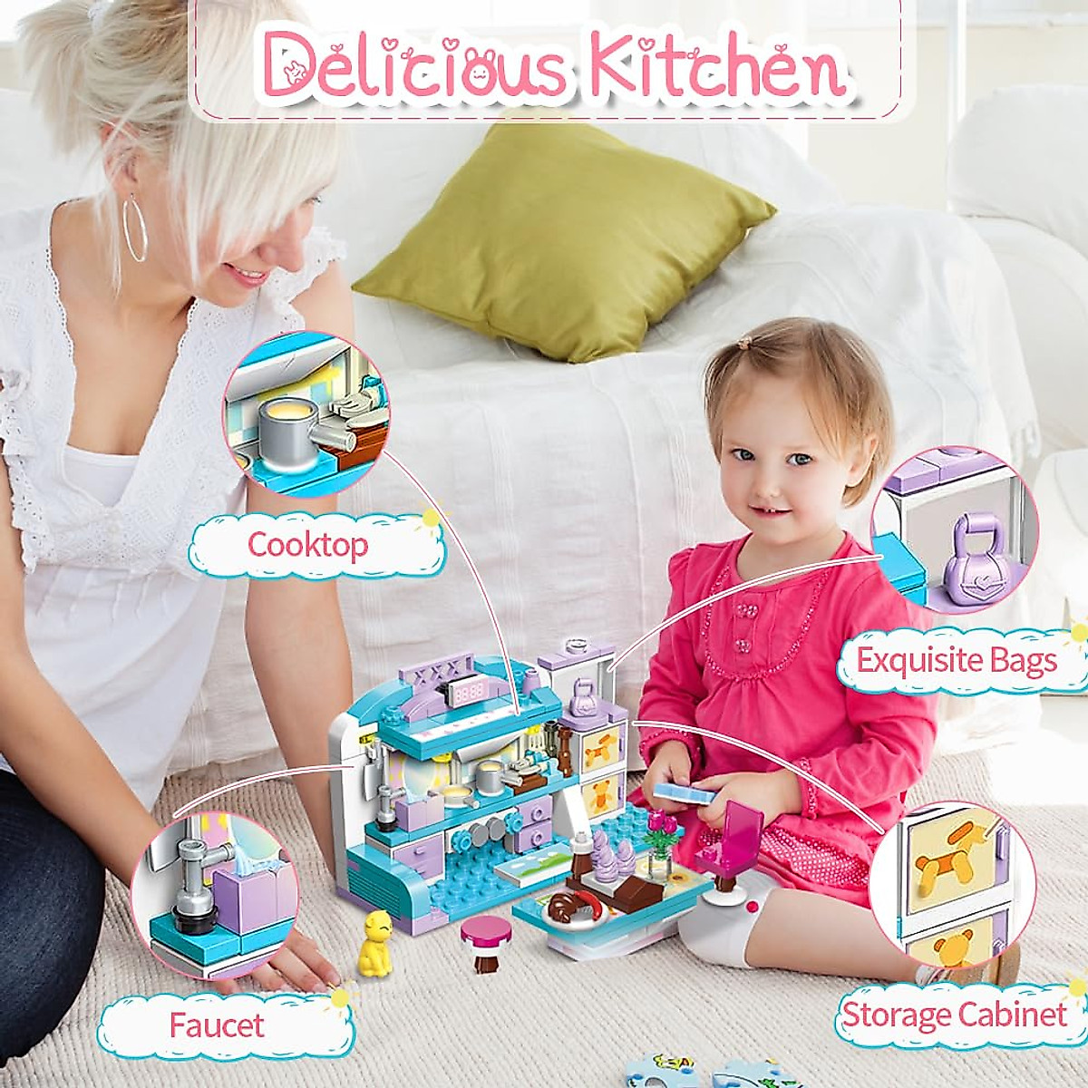 QMAN 6-12 Girl's Dream Home Building Blocks Kit Educational Toy, Build Girl's Bedroom Living Room Kitchen, 3 Building Methods (194 Pieces)