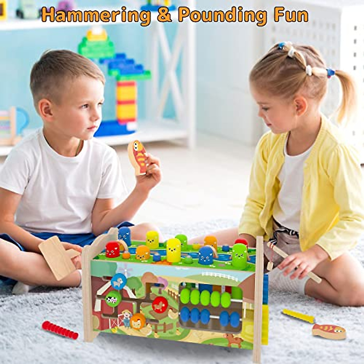 8 in 1 Wooden Montessori Hammering Pounding Toys for Toddlers 1 2 3 4 Year Old Boys Girls Whack a Mole Game Xylophone Fishing Activity Sensory Educational Learning Toys for Kids 1-3 Boy Girl Gifts