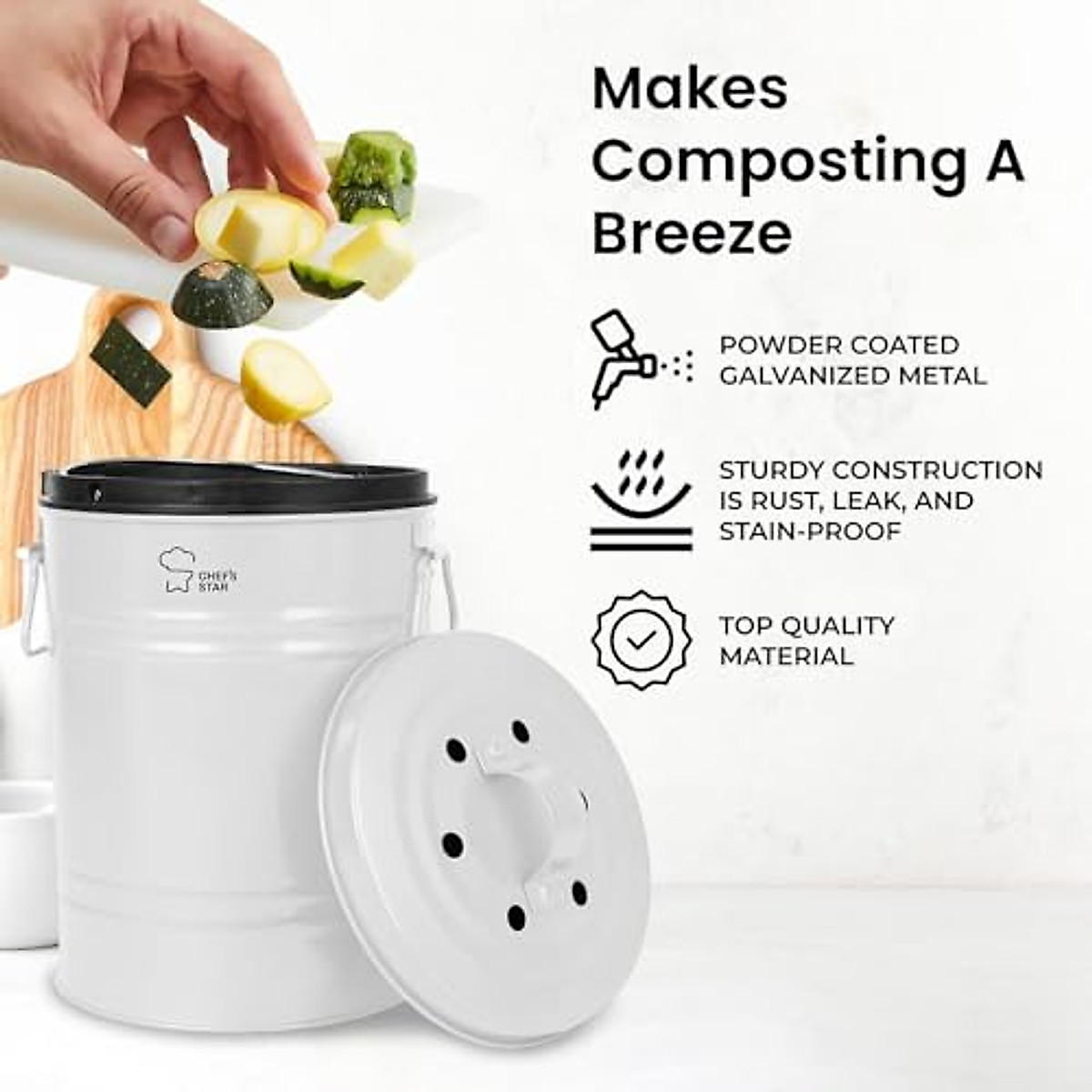 Chef's Star Countertop Compost Bin for Kitchen, Indoor Compost Bin for Kitchen Counter, Small Composter for Kitchen Counter, with Charcoal Filter, Airtight Lid, 0.8 Gallon Compost Pail, White