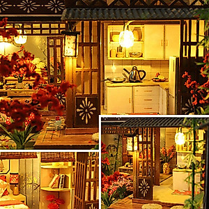 SYW Japanese Style Retro Villa Miniature Dollhouse with Furniture, DIY Miniature Dollhouse Kit with LED Light, 1:24 Scale Creative Room for Birthday Xmas Gift