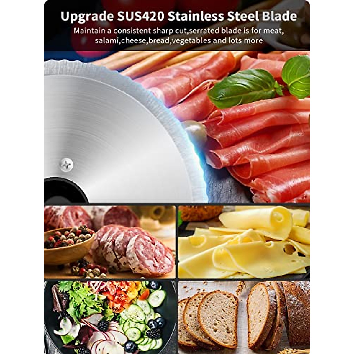 Meat Slicer for home, CWIIM Electric Deli Food Slicer & meat cutter with Removable Stainless Steel Blade+Pusher and 0-18mm Adjustable Thickness for Meat, Cheese, Bread, Fruit.