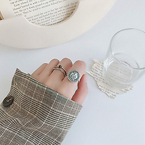 Antique Disc Carved Coin Open Statement Rings 925 Sterling Silver for Women Men Adjustable Fashion Vintage Goddess Worship Celebrity Medal Reversible Ring Stacking Promise Finger Band