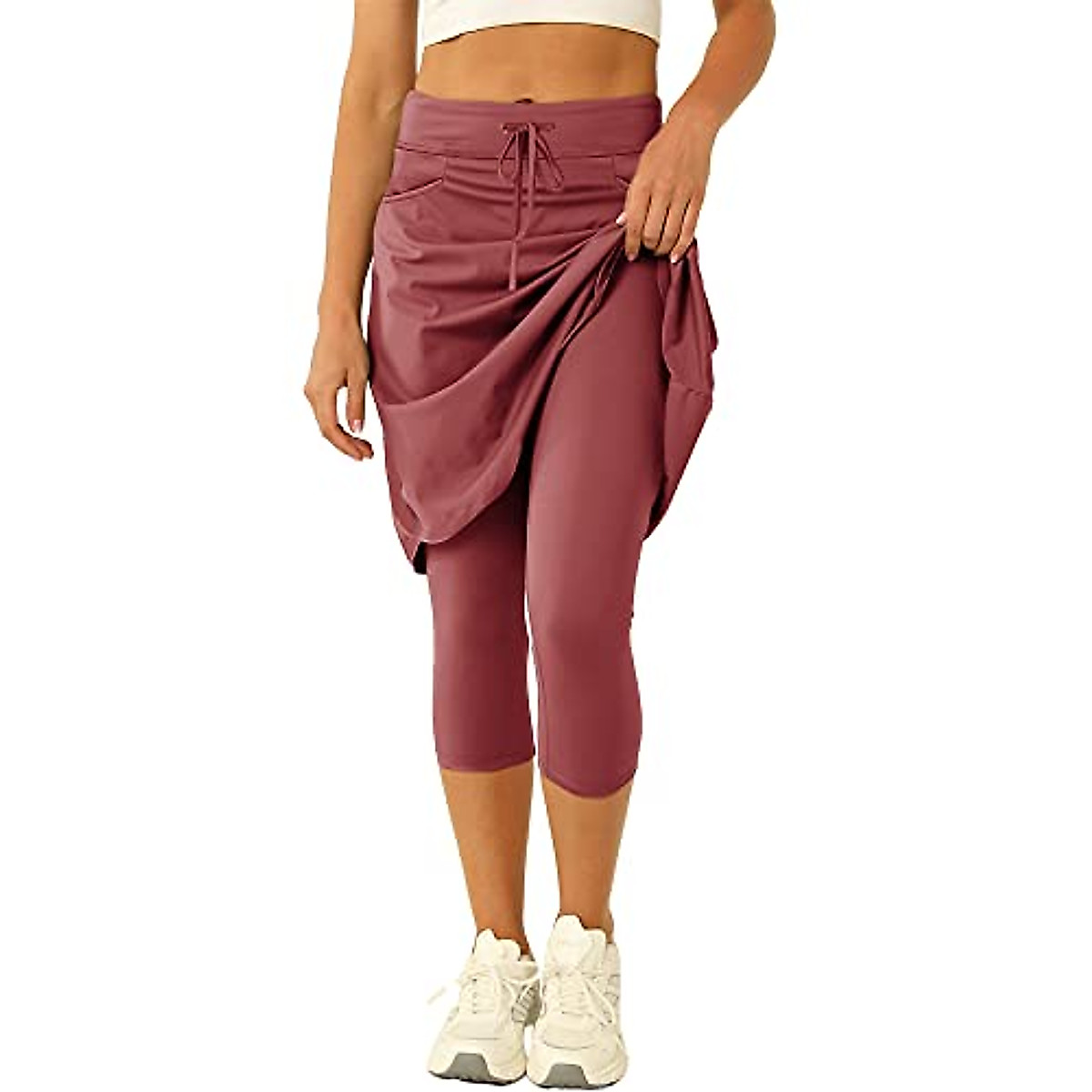 Women 20" Knee Length Tennis Skirt with Built in Legging Golf Skirts Skirted Legging with Pockets Wine Red