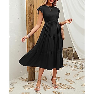 Holipick Women's Summer Casual Dress Short Sleeves Crew Neck Smocked High Waist Tiered A-Line Midi Dress M Black