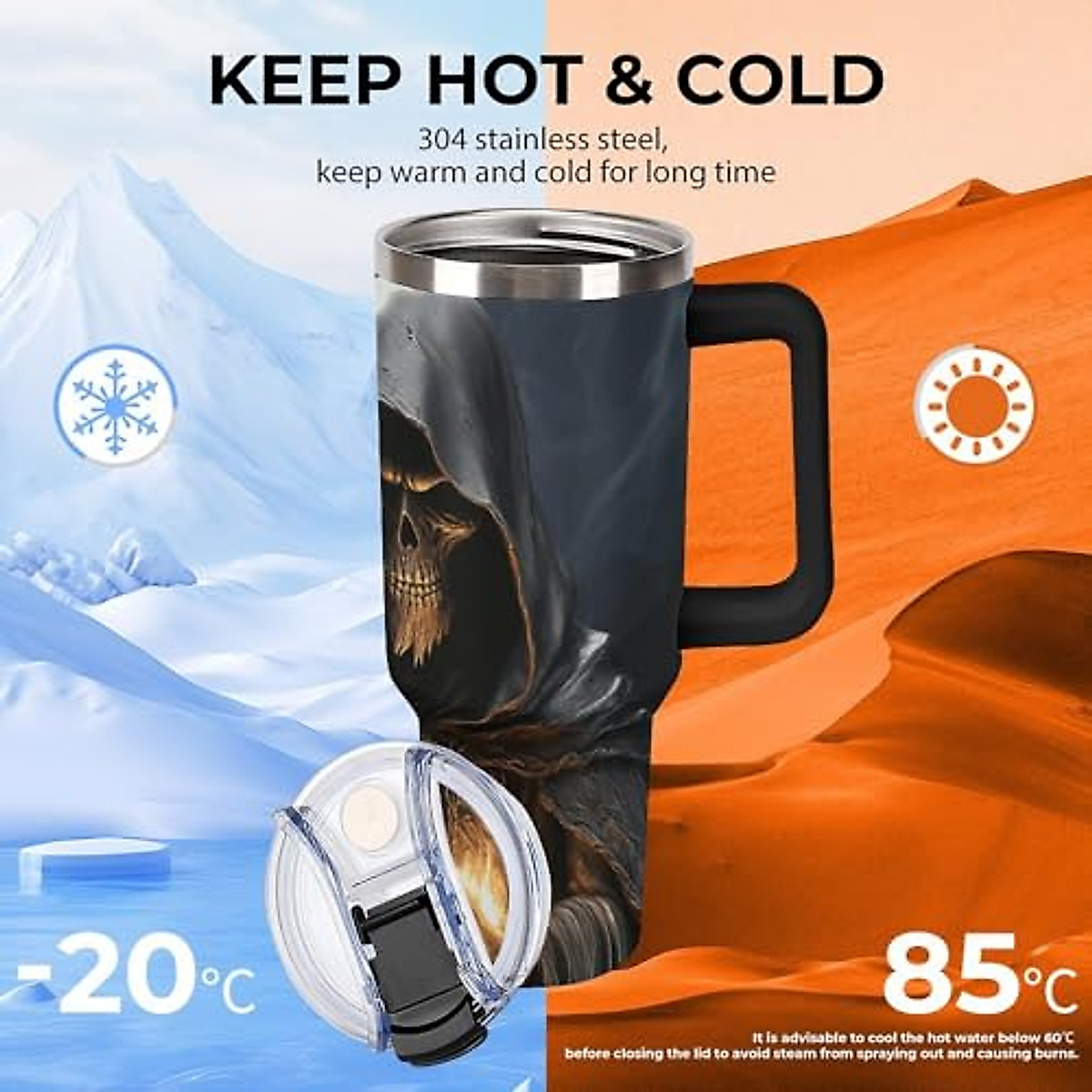 LLUTSNTH 40 Oz Vacuum Tumbler with Black Handle Leakproof Insulated Tumbler Grim-Reaper Stainless Steel Travel Mug with Lid And Straw Coffee Cup Cute Water Bottles Cup Holder Friendly