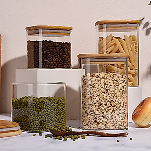 XUNYE Glass Jars with Lids[Set of 4],Glass Canisters Wooden Lids, Airtight Clear Food Storage Bamboo Square Stackable Kitchen For Spice Cereal Sugar Coffee candy, wood color